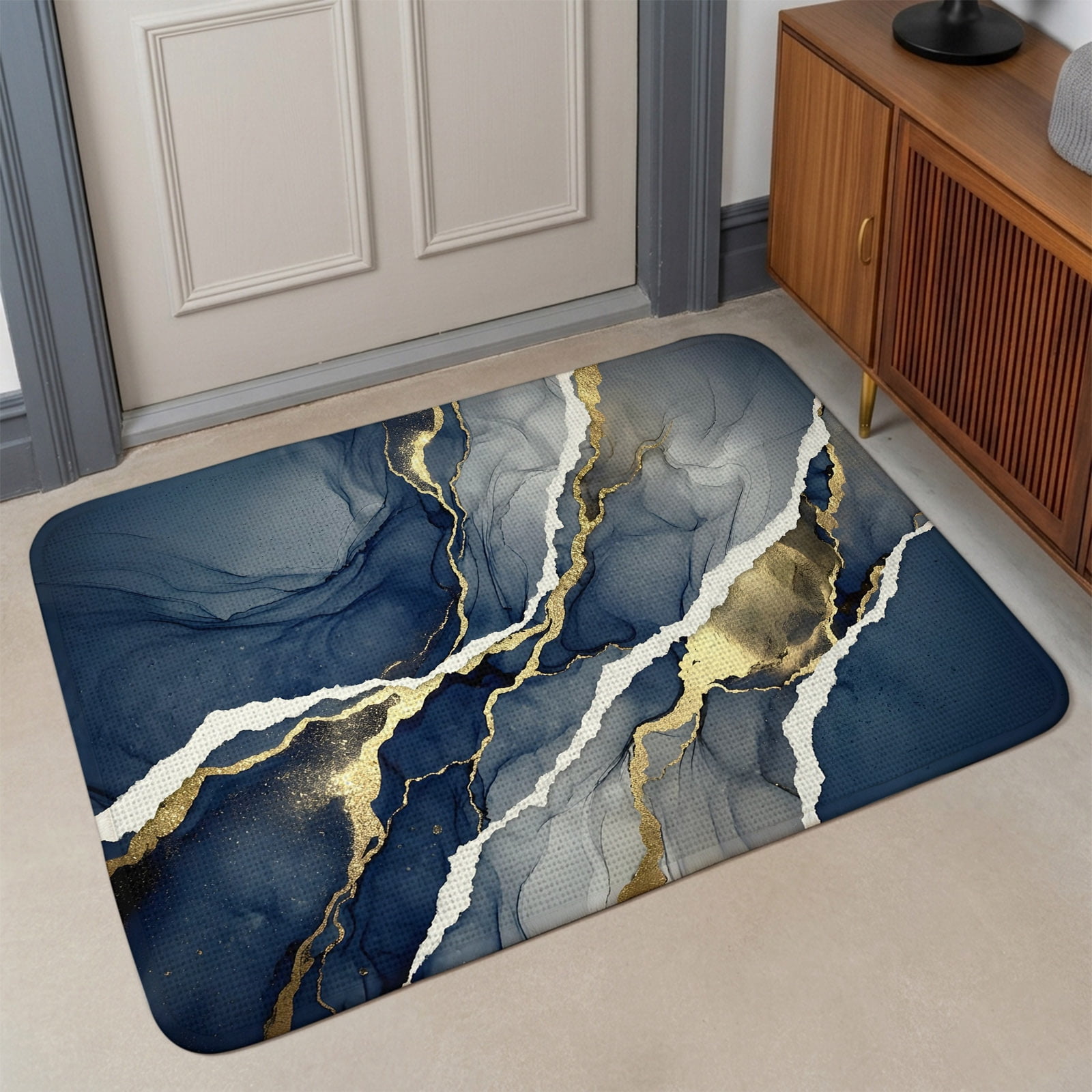 Abstract Front Door Mat Indoor Entrance, Blue Ink Gold Foiling Ocean ...