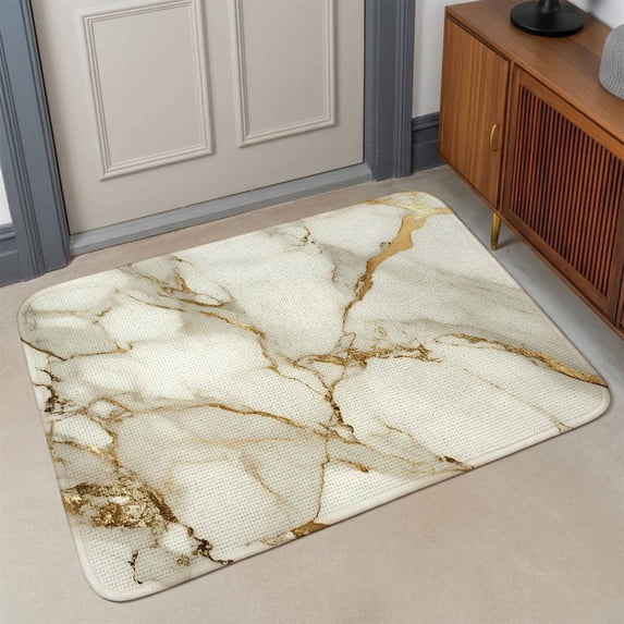 Abstract Front Door Mat Indoor Entrance, White Marble Pattern Gold ...