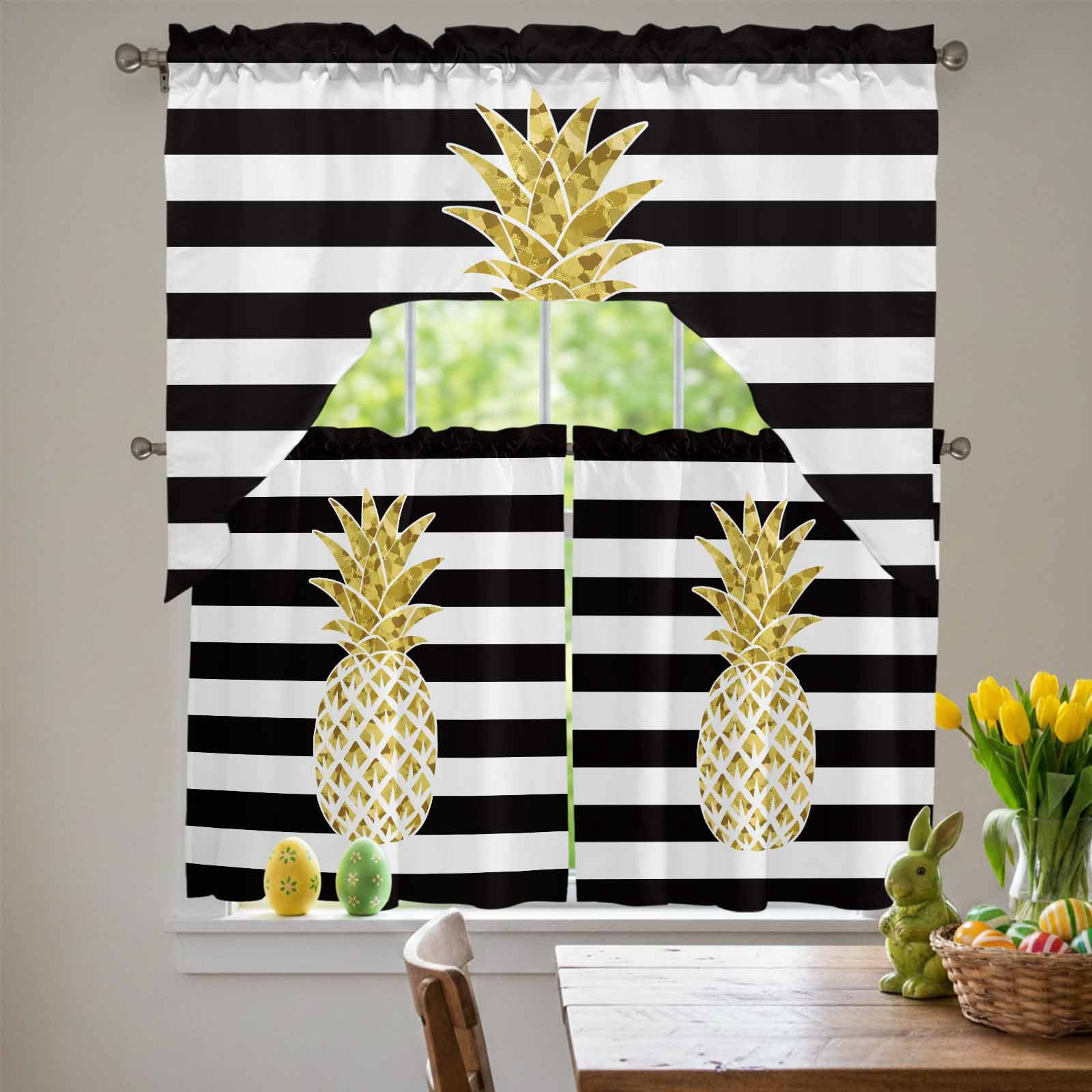 Abstract Fruit Swag Curtains Valance & Tier Set, Yellow Pineapple Black ...