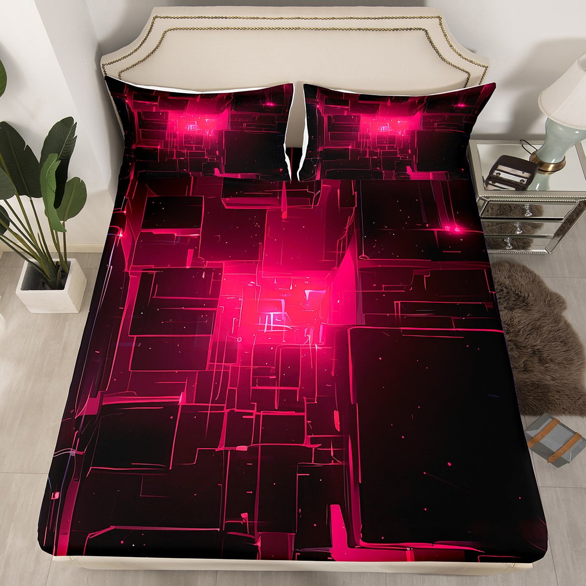Abstract Full Fitted Sheet, 3D Stereoscopic Geometric Grid Square ...