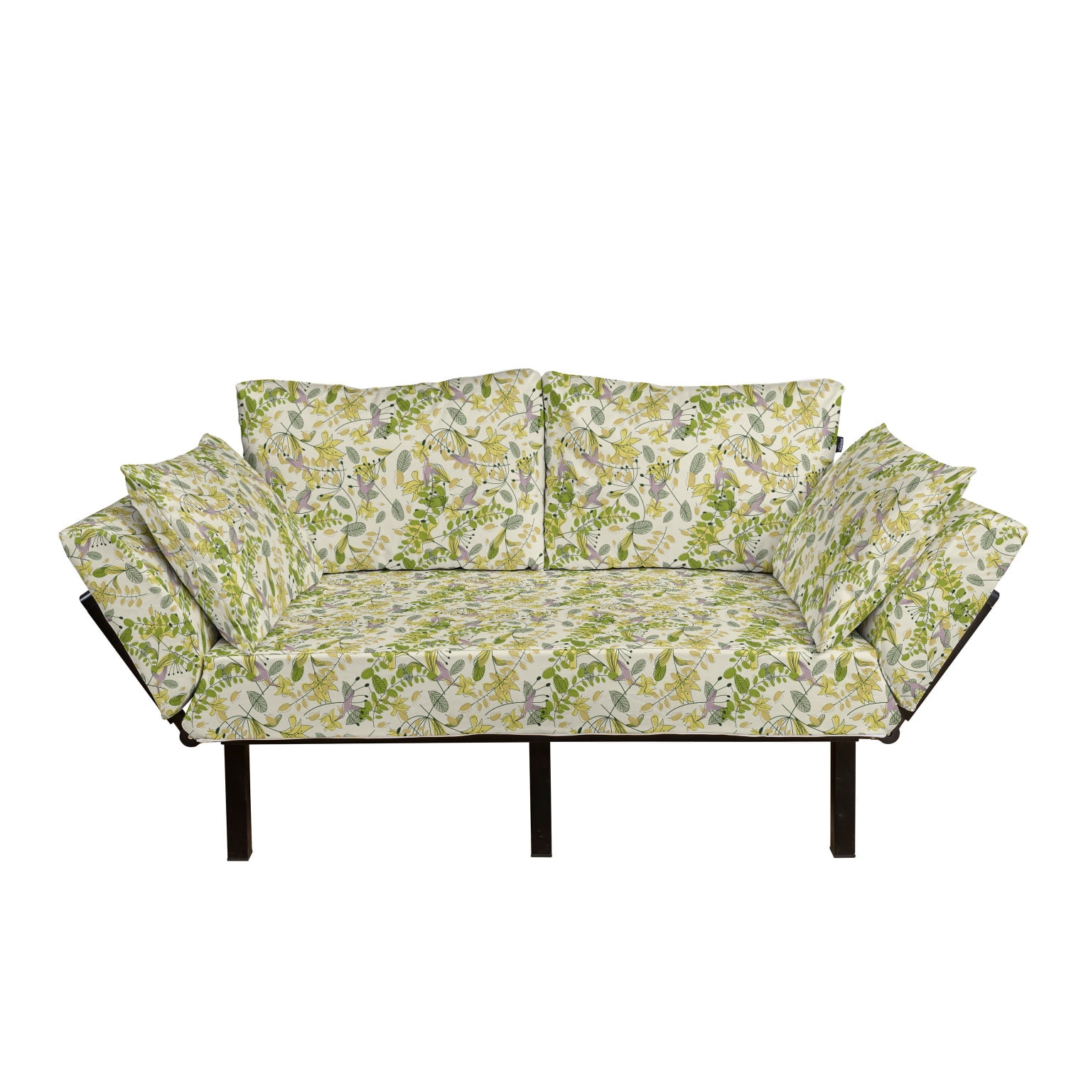 Abstract Futon Couch, Flying Birds Hand-drawn Leaves and Flowers ...