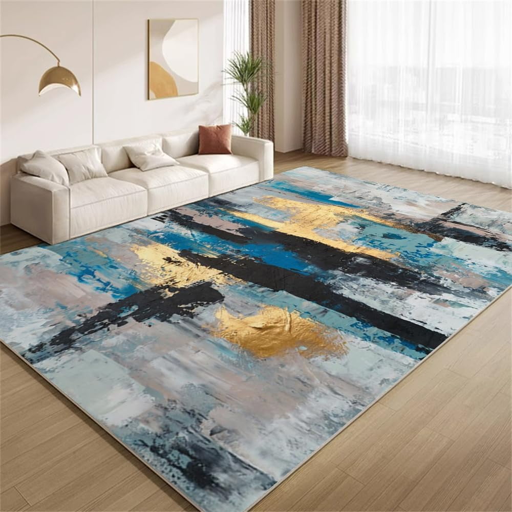 Abstract Garbage Art Rug 3x5 Small Area Rugs Blue Black Gold Rugs Non ...
