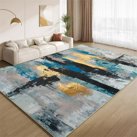 Abstract Garbage Art Rug 3x5 Small Area Rugs Blue Black Gold Rugs Non ...