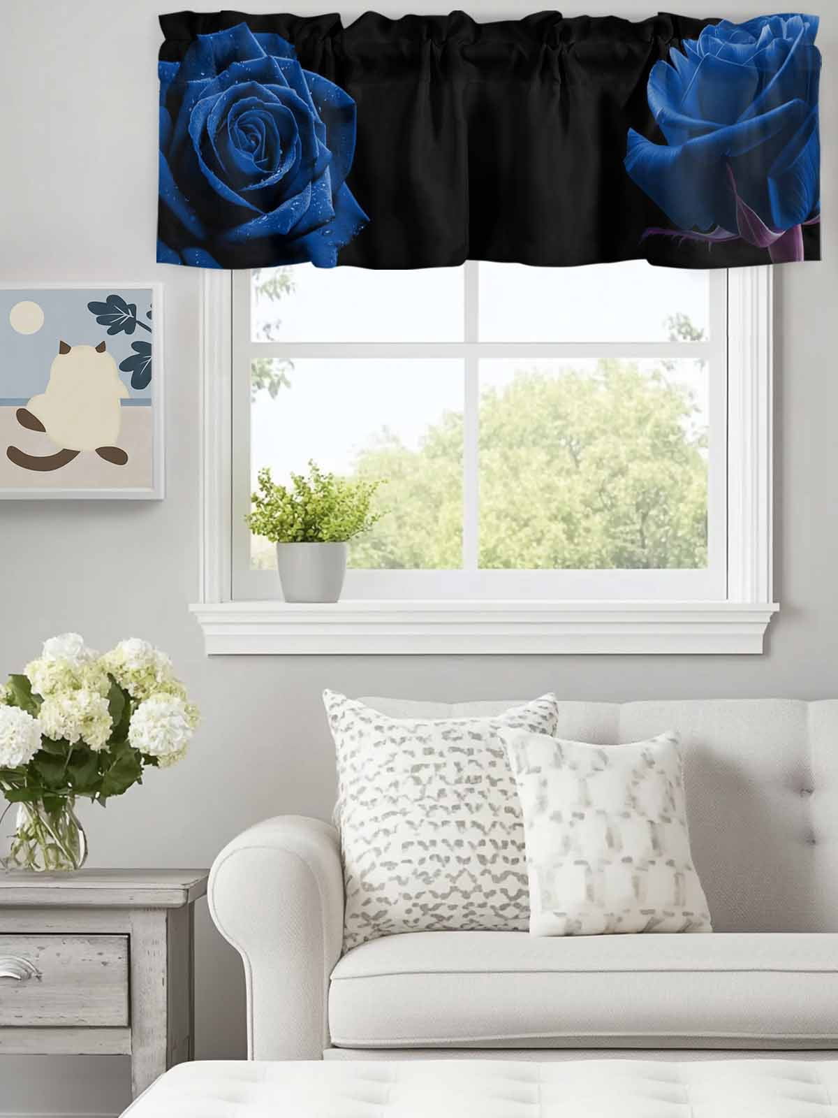 Abstract Garden Blue Rose Valances for Windows,Kitchen Valance Rod ...