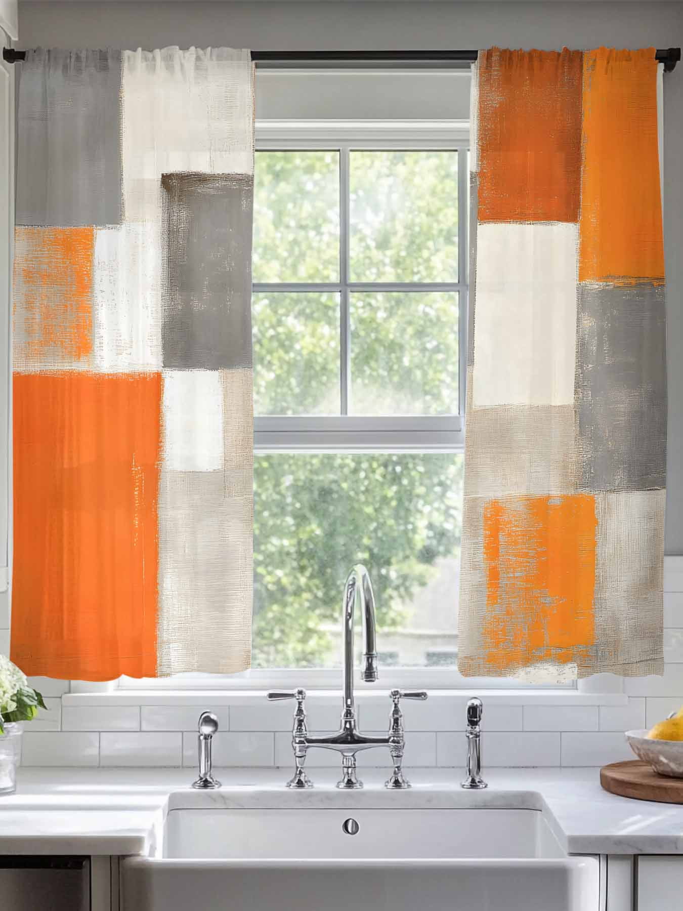 Abstract Gary Orange Paint Sheer Curtains 72 Inches Long 2 Panels Retro ...