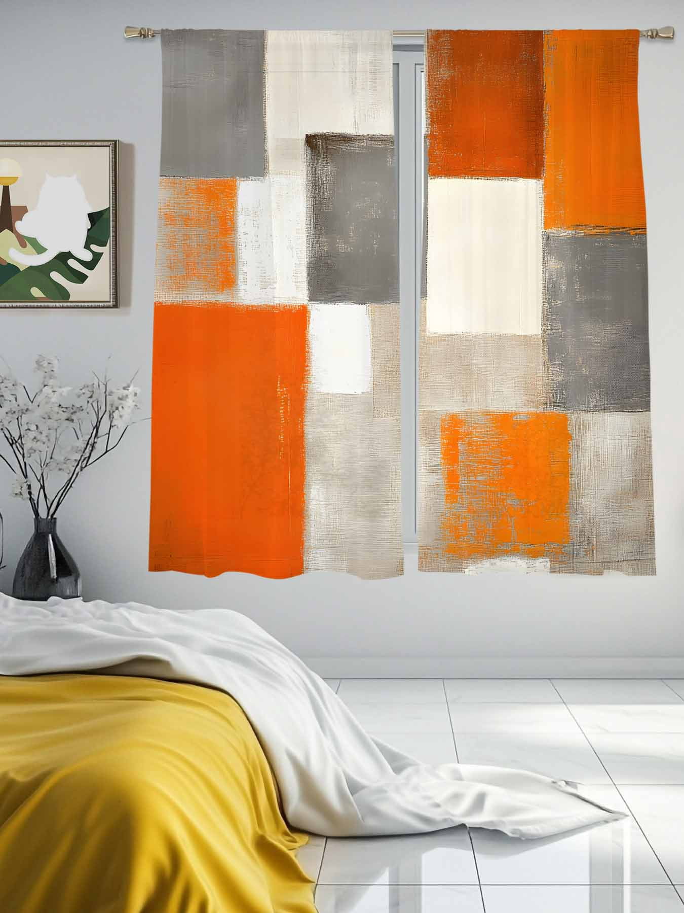 Abstract Gary Orange Paint Sheer Curtains 72 inches Long 2 Panels Set ...