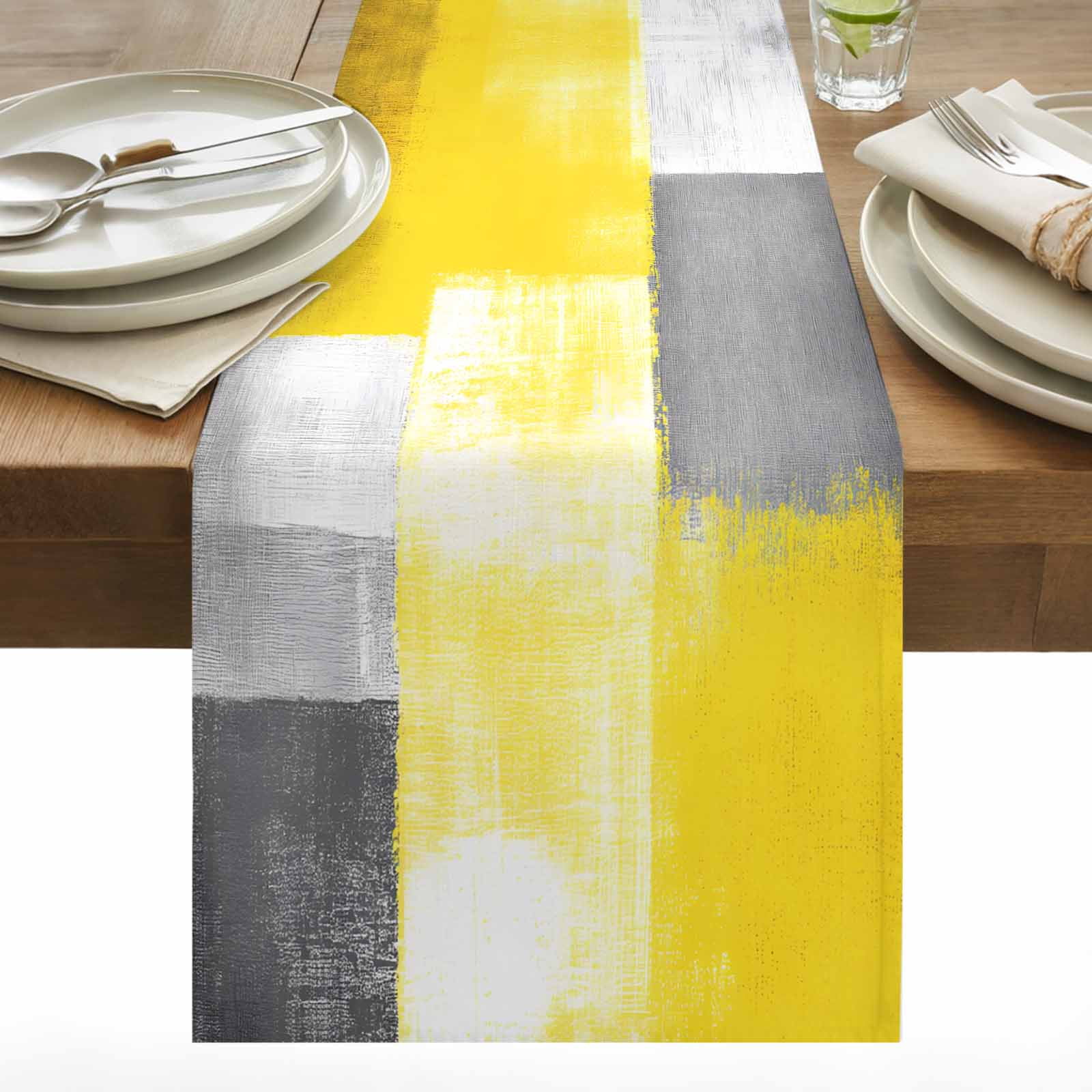 Abstract Gary Yellow Paint Table Runner 13x108 inch Retro Mottled Oil ...