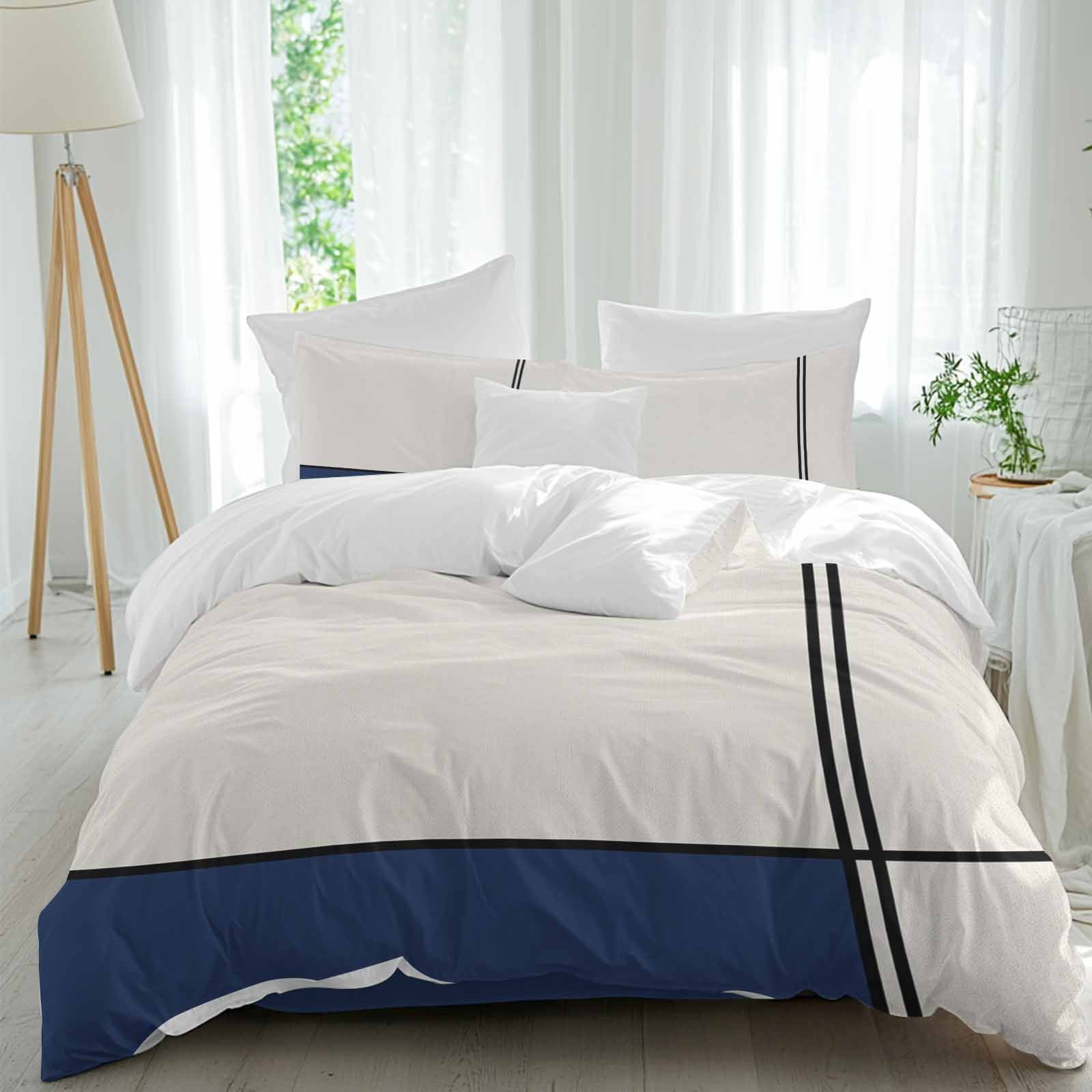Abstract Gemoetric Duvet Cover Set Queen Size Art Navy Blue Color Block ...