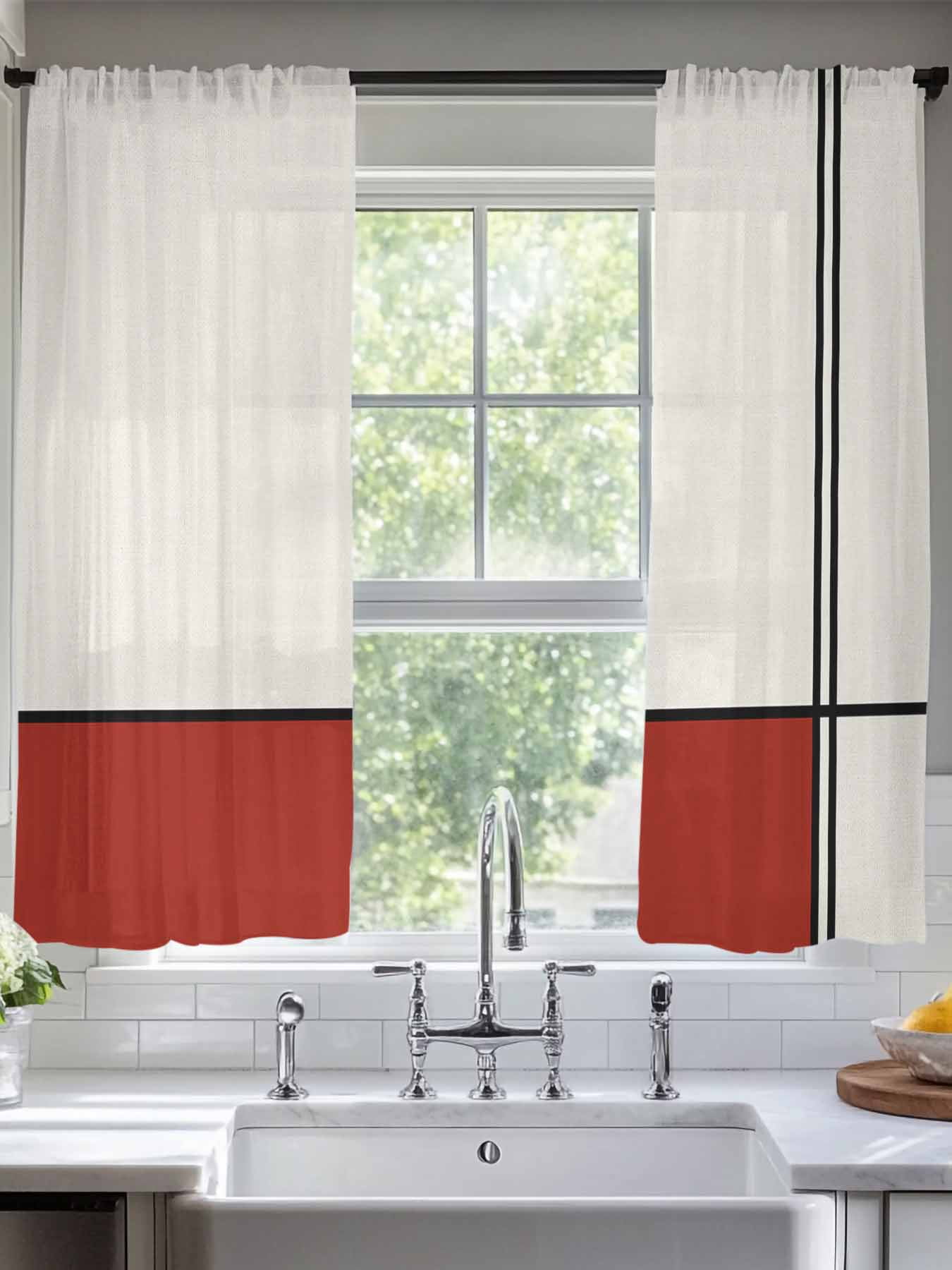 Abstract Gemoetric Sheer Curtains 72 Inches Long 2 Panels Art Red Color ...
