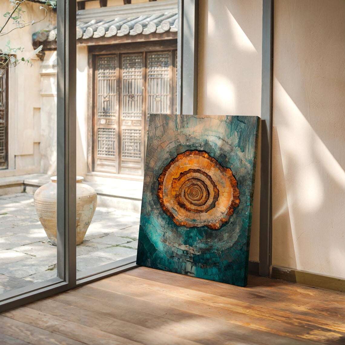 Abstract Geode Art Print - Spiral Petrified Wood Texture - Earthy Blue & Orange - Organic ...