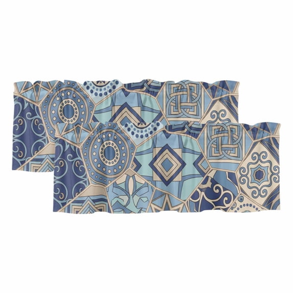 Abstract Geometric 2 Panels Kitchen Valance, Blue Yellow Flower Polygon ...
