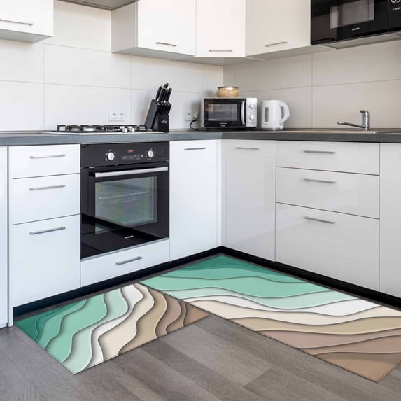 Abstract Geometric 2 Pieces Non-Slip Kitchen Mat Set, Green Brown ...