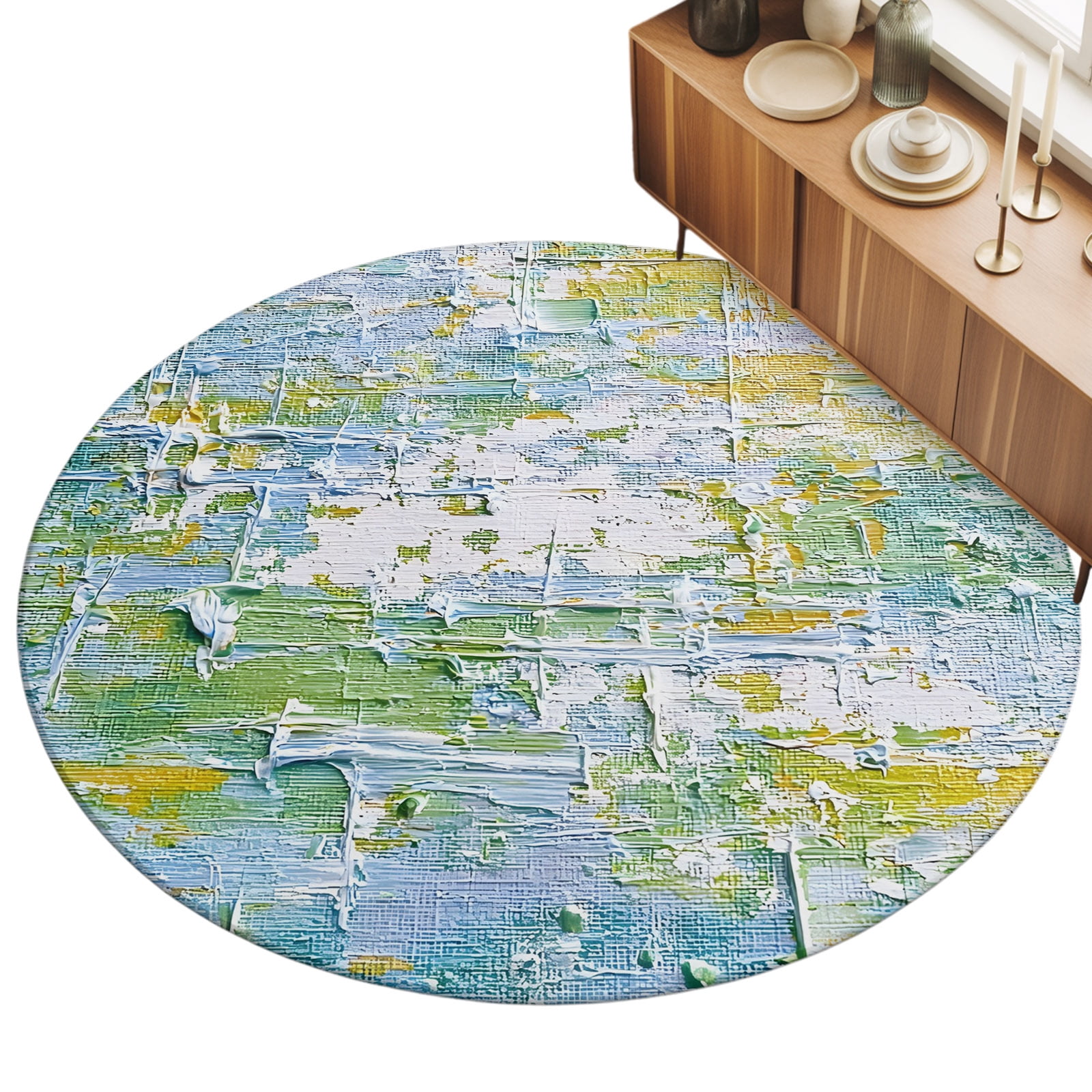 Abstract Geometric 3.3ft Non Slip Round Area Rug Yellow Blue Green Oil ...