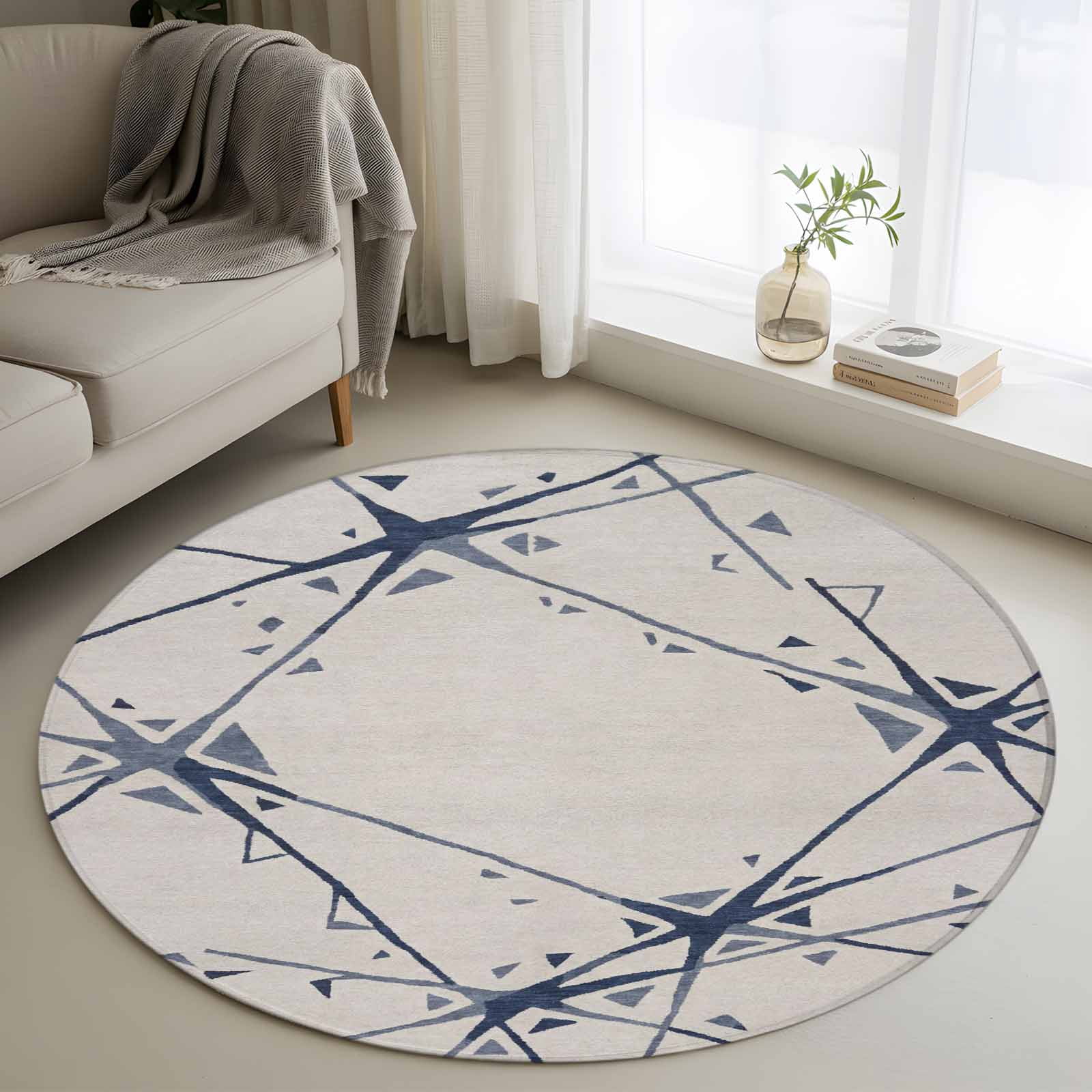 Abstract Geometric 4FT Round Area Rugs Navy Blue Splatter Lines ...