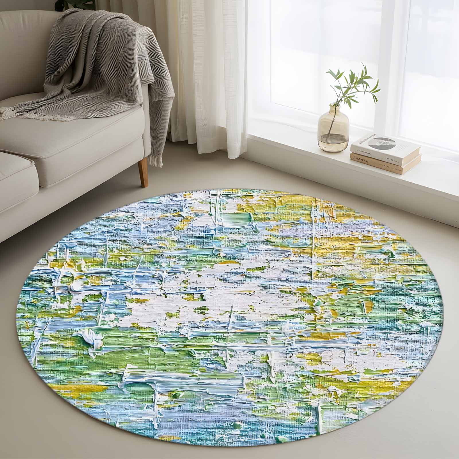 Abstract Geometric 4FT Round Area Rugs Yellow Blue Green Oil Painting ...