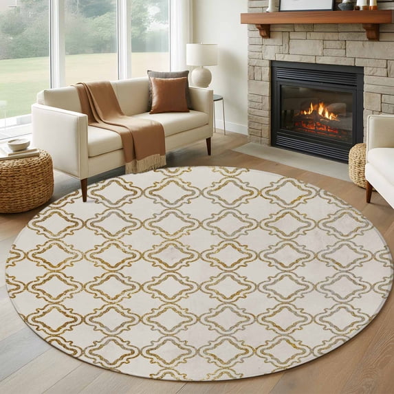 Abstract Geometric 5FT Round Area Rugs for Living Room Modern Gold and ...