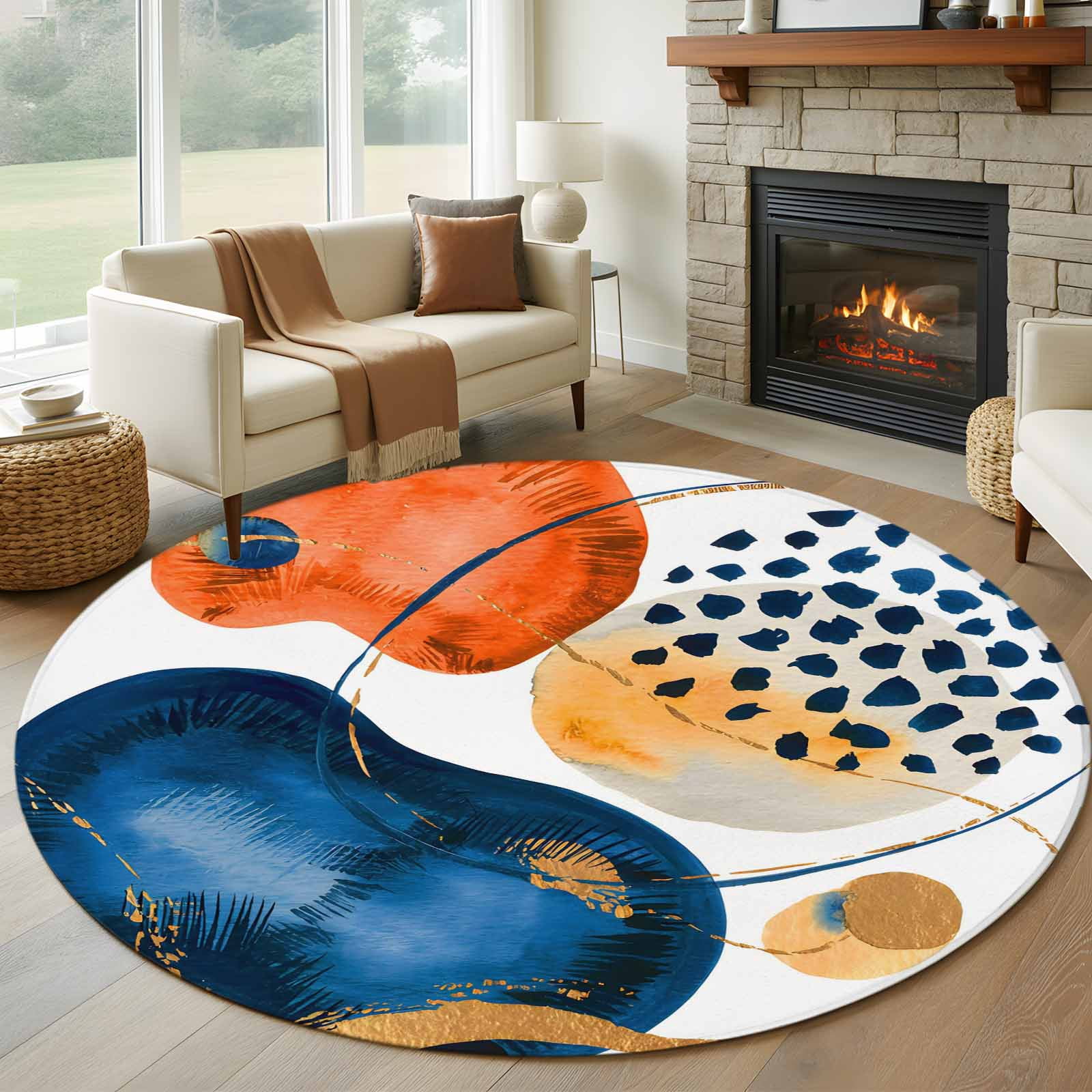 Abstract Geometric 6FT Round Area Rugs for Living Room Blue Red Orange ...
