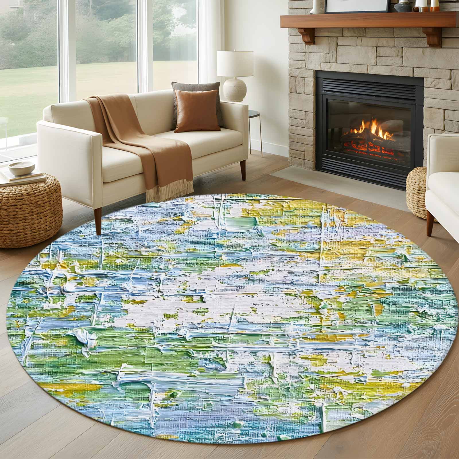 Abstract Geometric 8FT Round Area Rugs for Living Room Yellow Blue ...