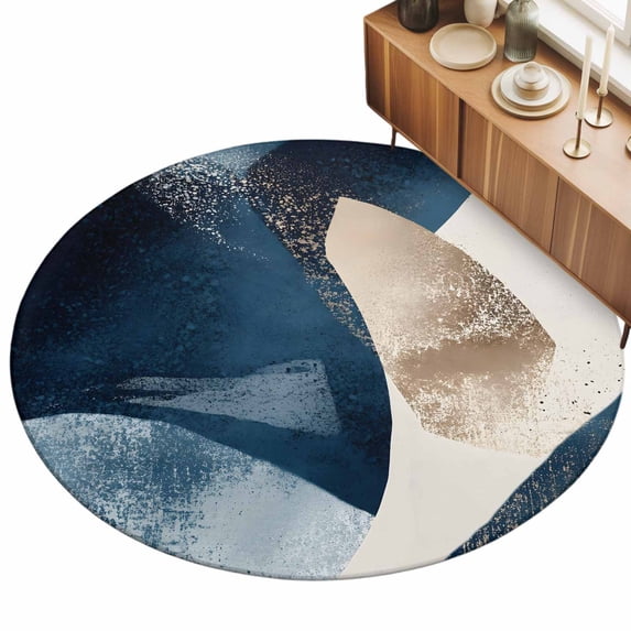 Abstract Geometric Area Rugs 3.3' (Round) Dynamic Deep Blue Gold Art ...
