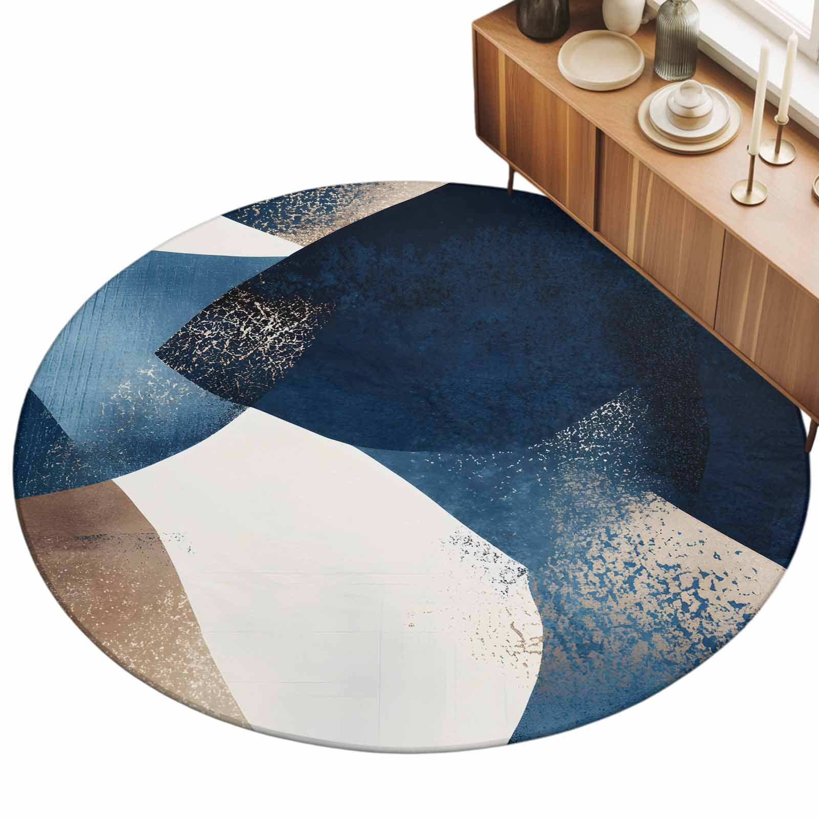Abstract Geometric Area Rugs 3' (Round) Dynamic Blue Gold Art Floor Rug ...