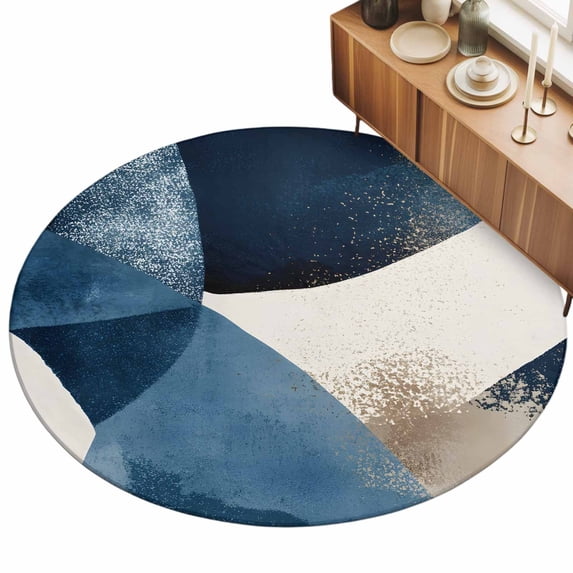 Abstract Geometric Area Rugs 5' (Round) Blue Gold Beige Dynamic Texture ...