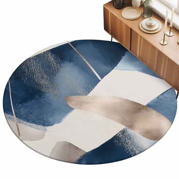 Abstract Geometric Area Rugs 5' (Round) Blue Gold Dynamic Texture Floor ...