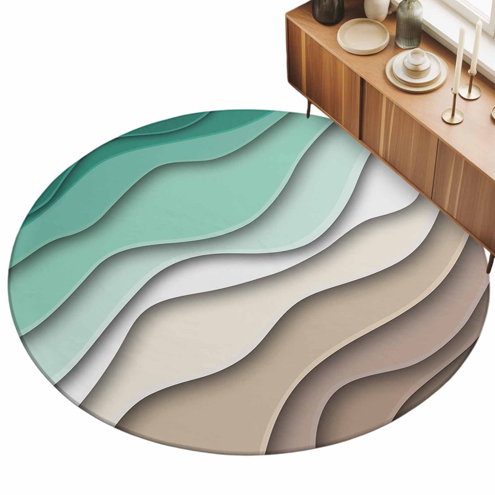 Abstract Geometric Area Rugs 5' (Round) Green Brown Gradient Waves Beach Floor Rug Non Slip Low ...