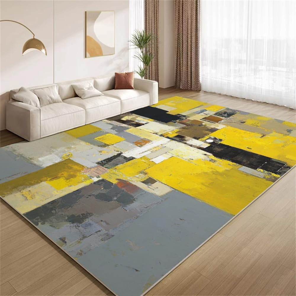 Abstract Geometric Area Rugs, Yellow Gray Black Painted Carpet ...