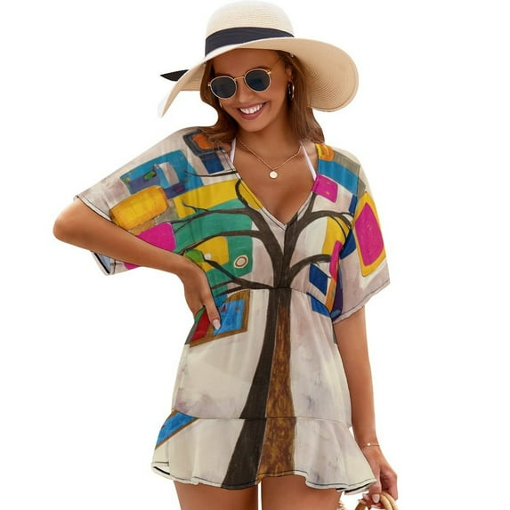 Abstract Geometric Art Beach Cover Ups Women V Neck Short Sleeve Dress ...