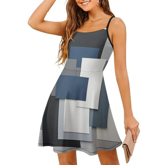 Abstract Geometric Art Blue Black Grey Sleeveless Dresses Slip Dress ...