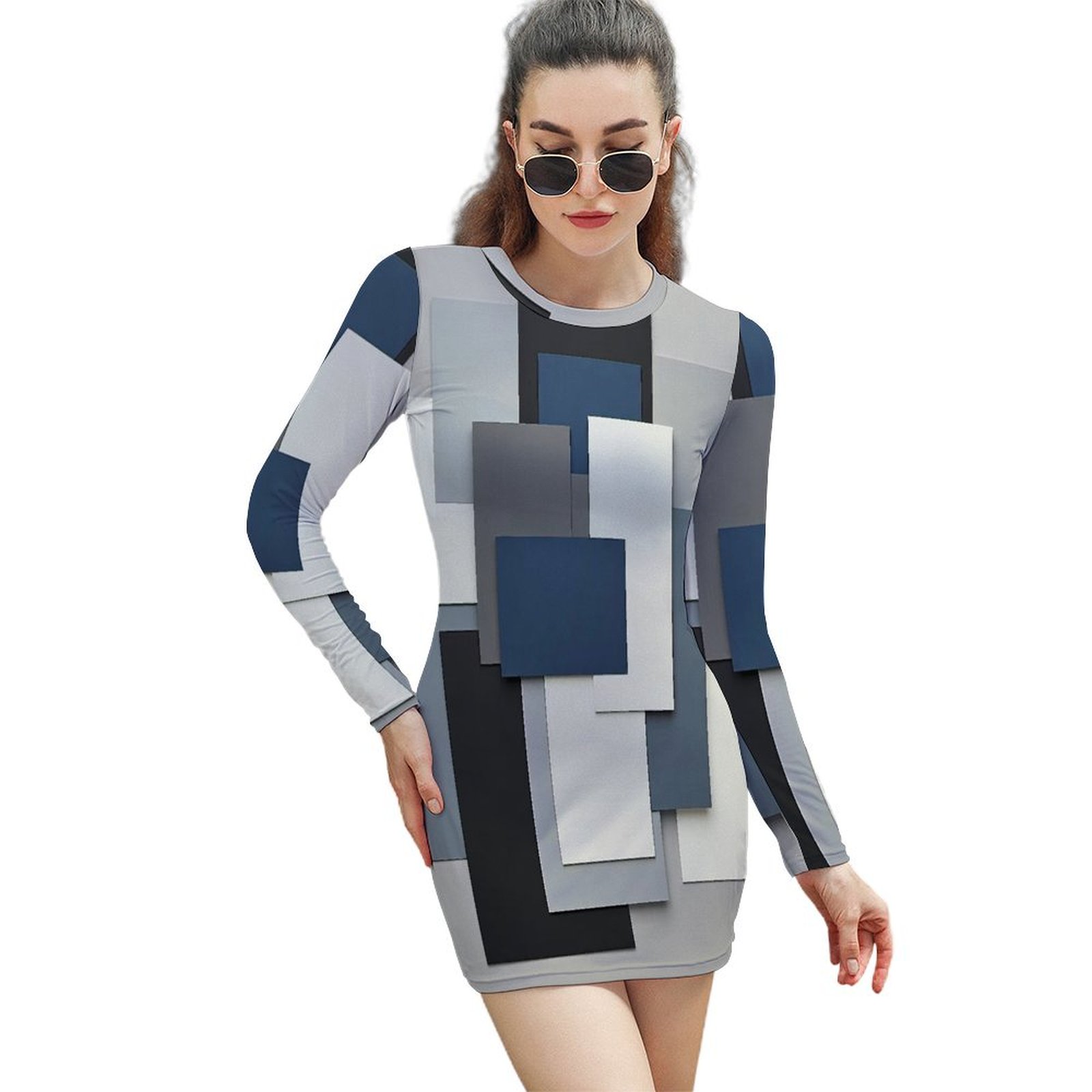 Abstract Geometric Art Blue Black Grey Women's Long Sleeve Bodycon ...
