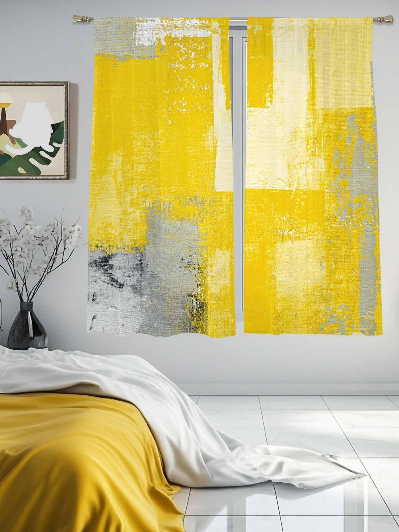 Abstract Geometric Art Chiffon Sheer Curtains 63 Inches Long Gray ...