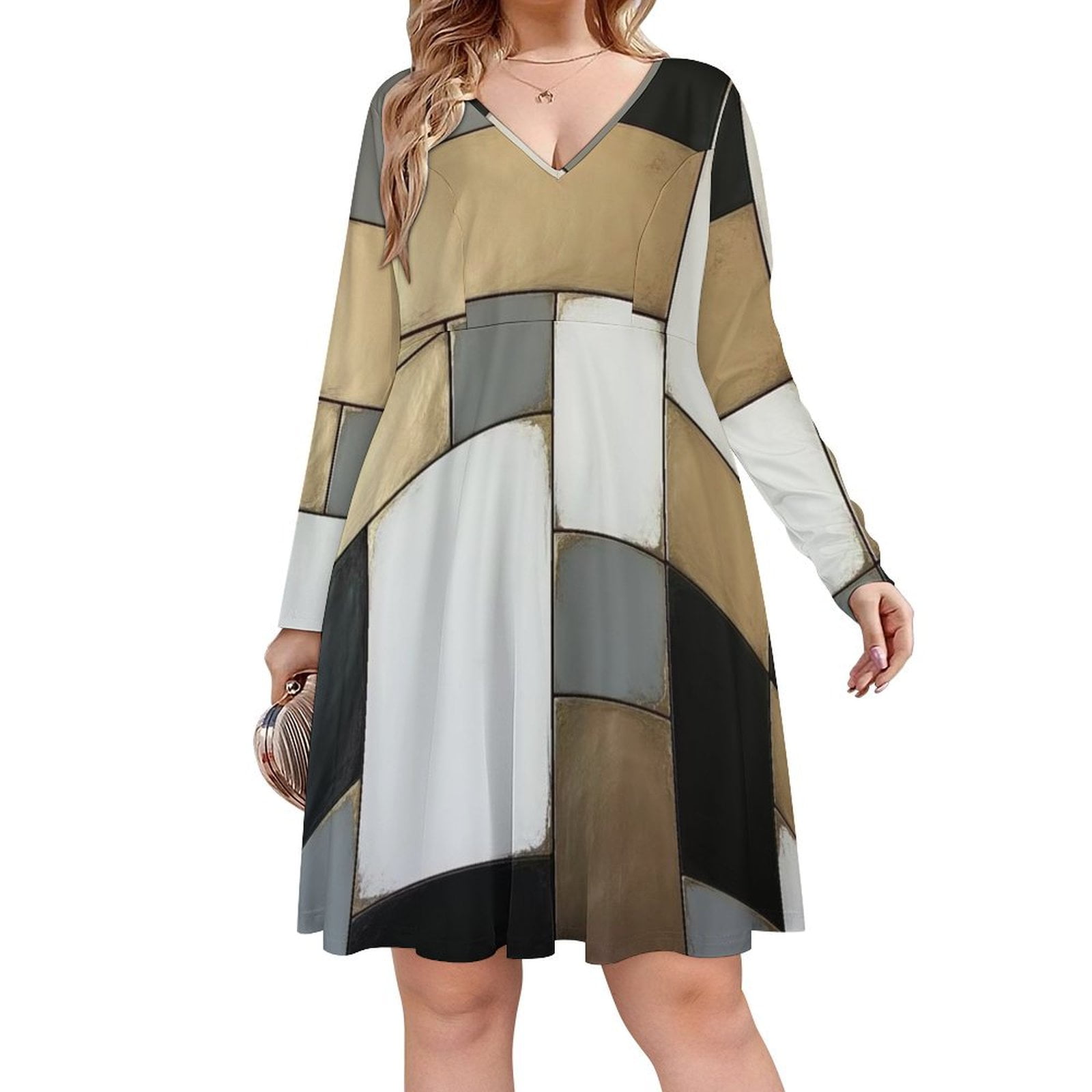 Abstract Geometric Art, Gray Black Gold Long Sleeve Dresses For Women ...