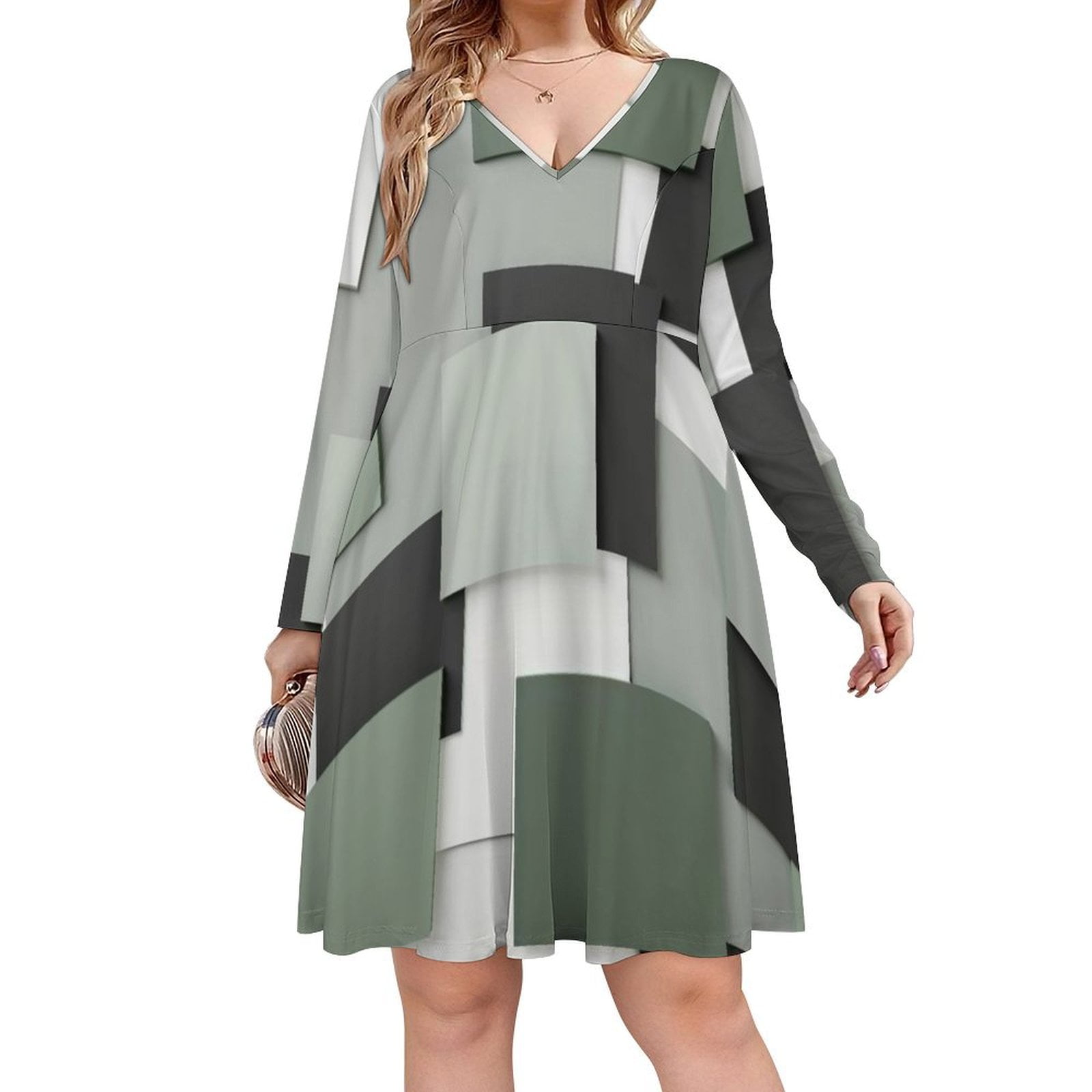 Abstract Geometric Art Green Black Grey Long Sleeve Dresses For Women Vintage Elegant Party ...