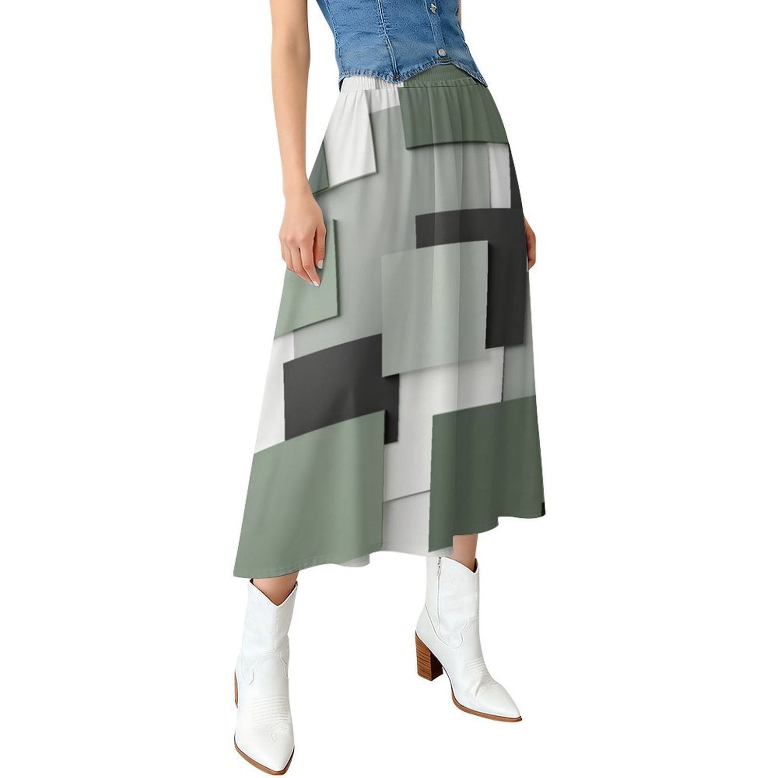 Abstract Geometric Art Green Black Grey Women High Waist Midi Skirt ...