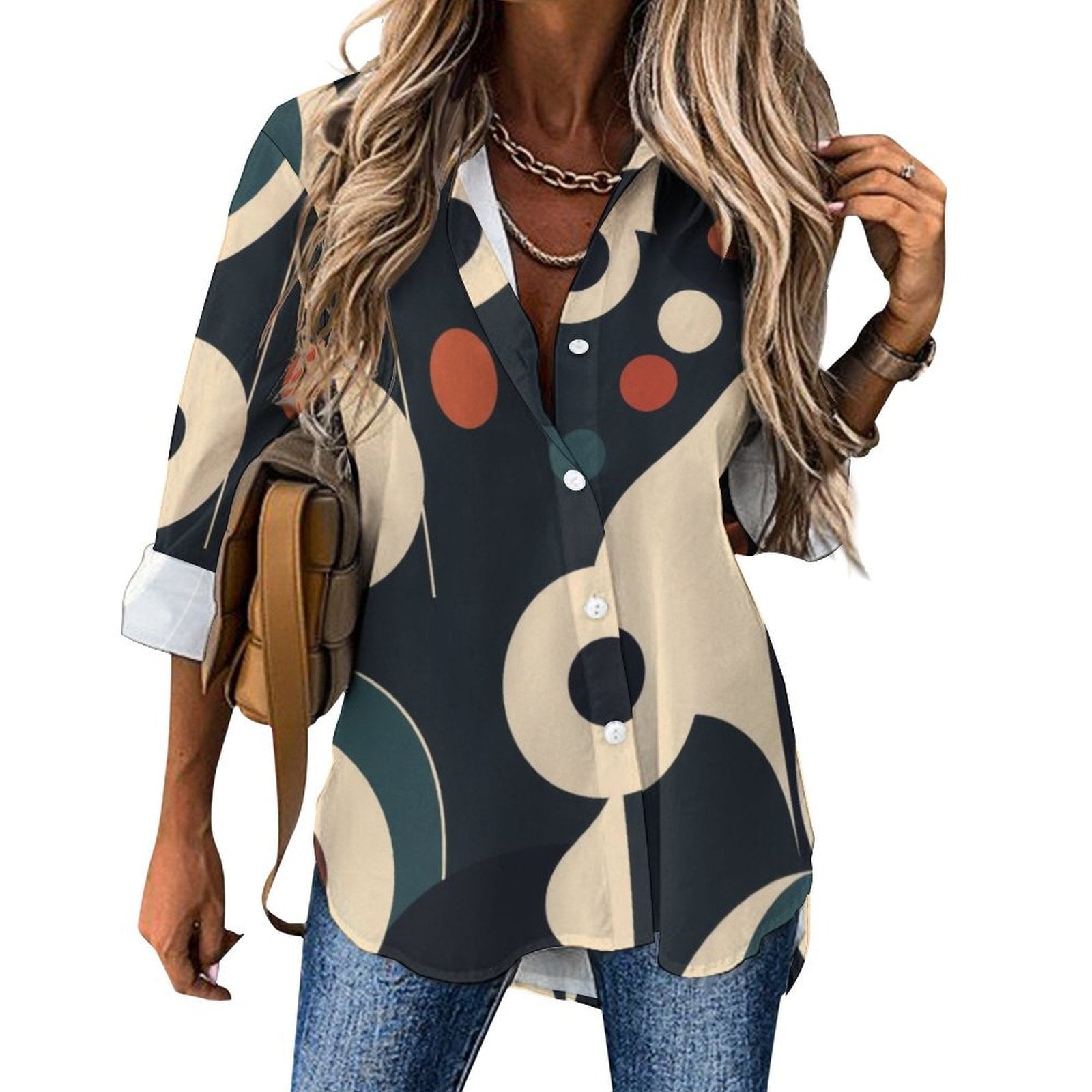 Abstract Geometric Art Loose Blouse Oversize Blouses Long-Sleeve Office ...