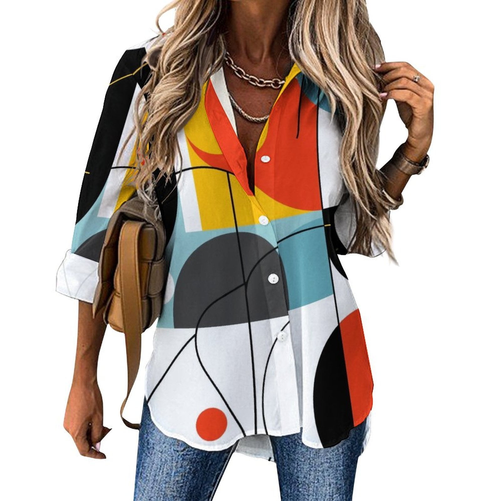Abstract Geometric Art Loose Blouse Oversize Blouses Long-Sleeve Office ...