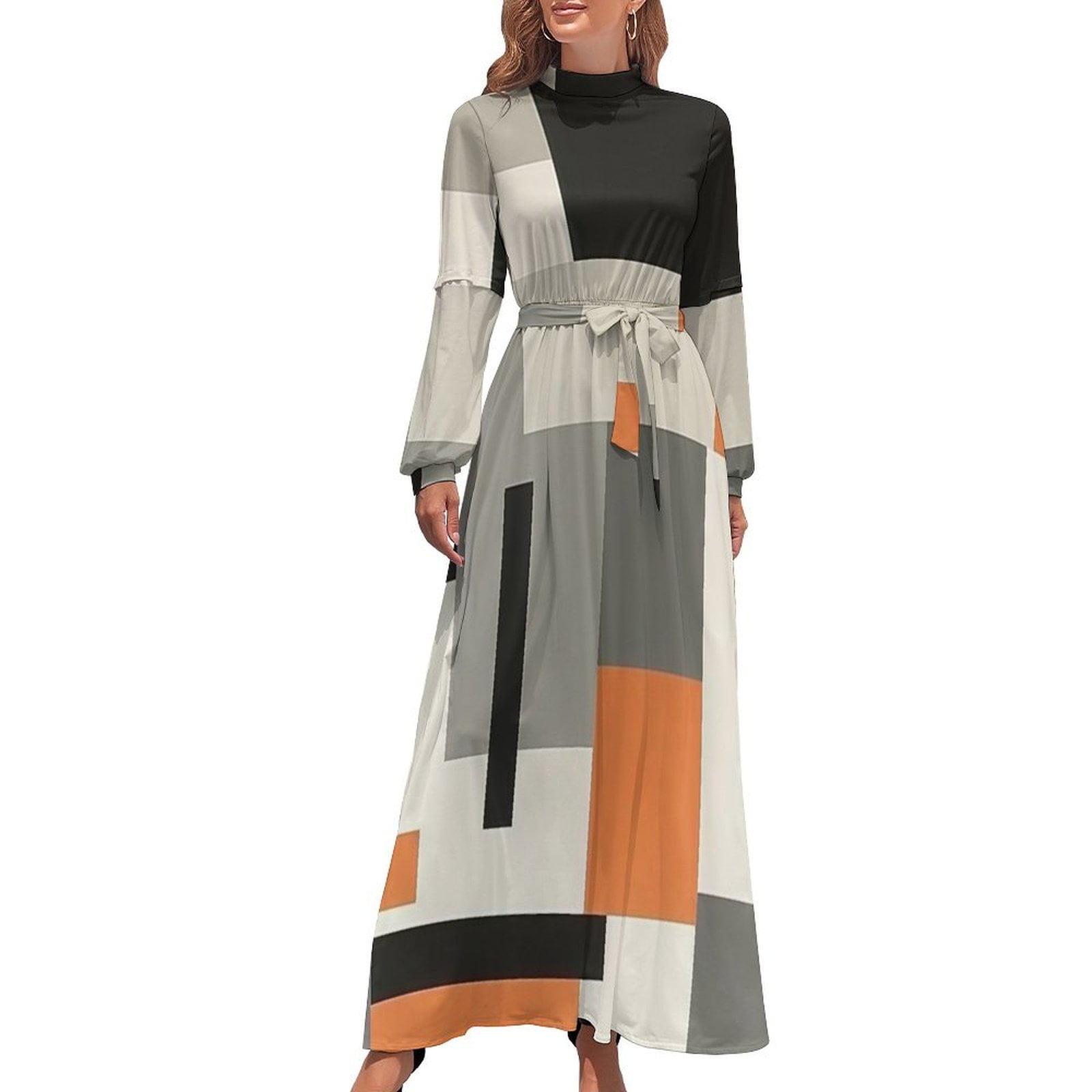 Abstract Geometric Art Ogange Black Grey Long Dress Women's Summer ...