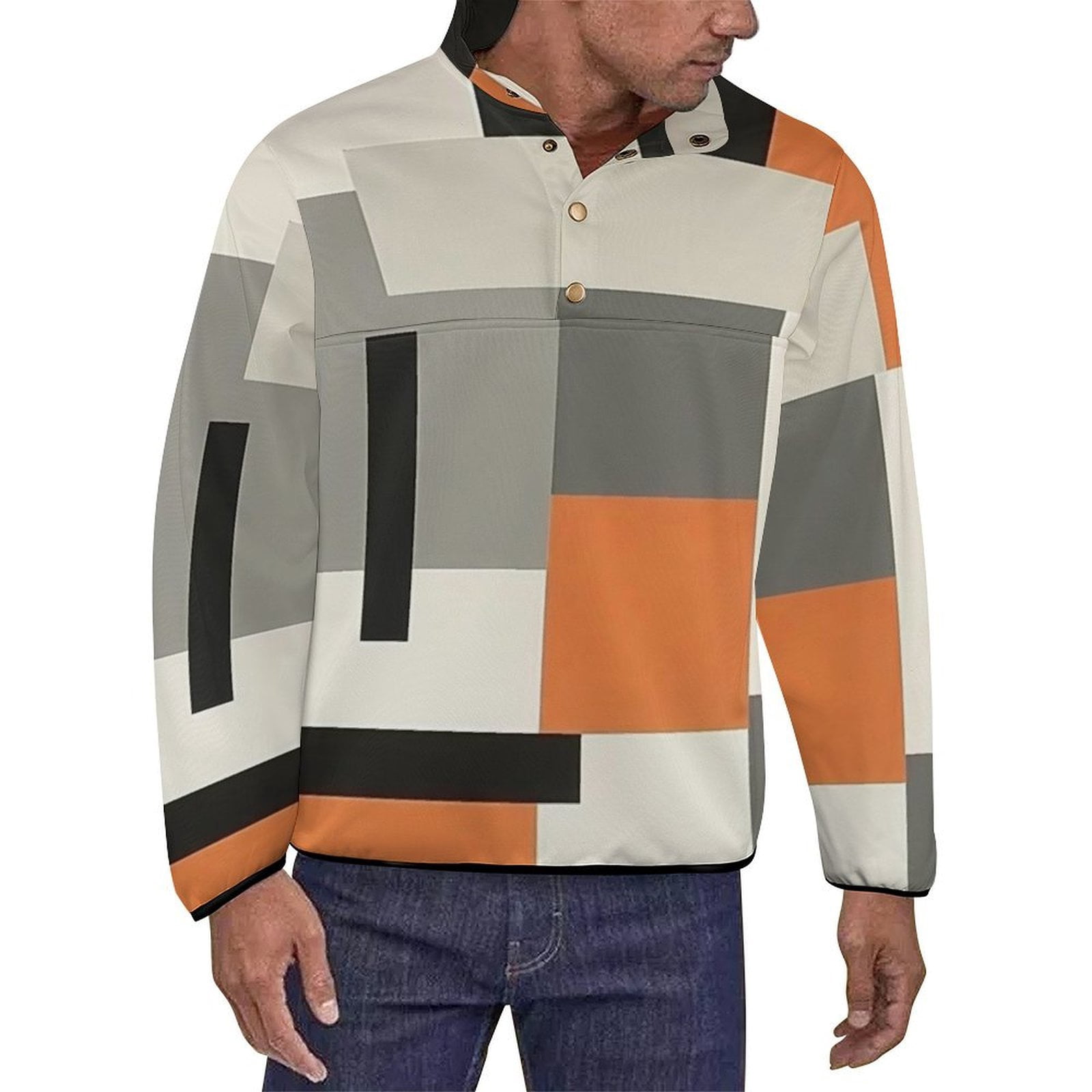 Abstract Geometric Art Ogange Black Grey Men's Stand Collar Sweater ...