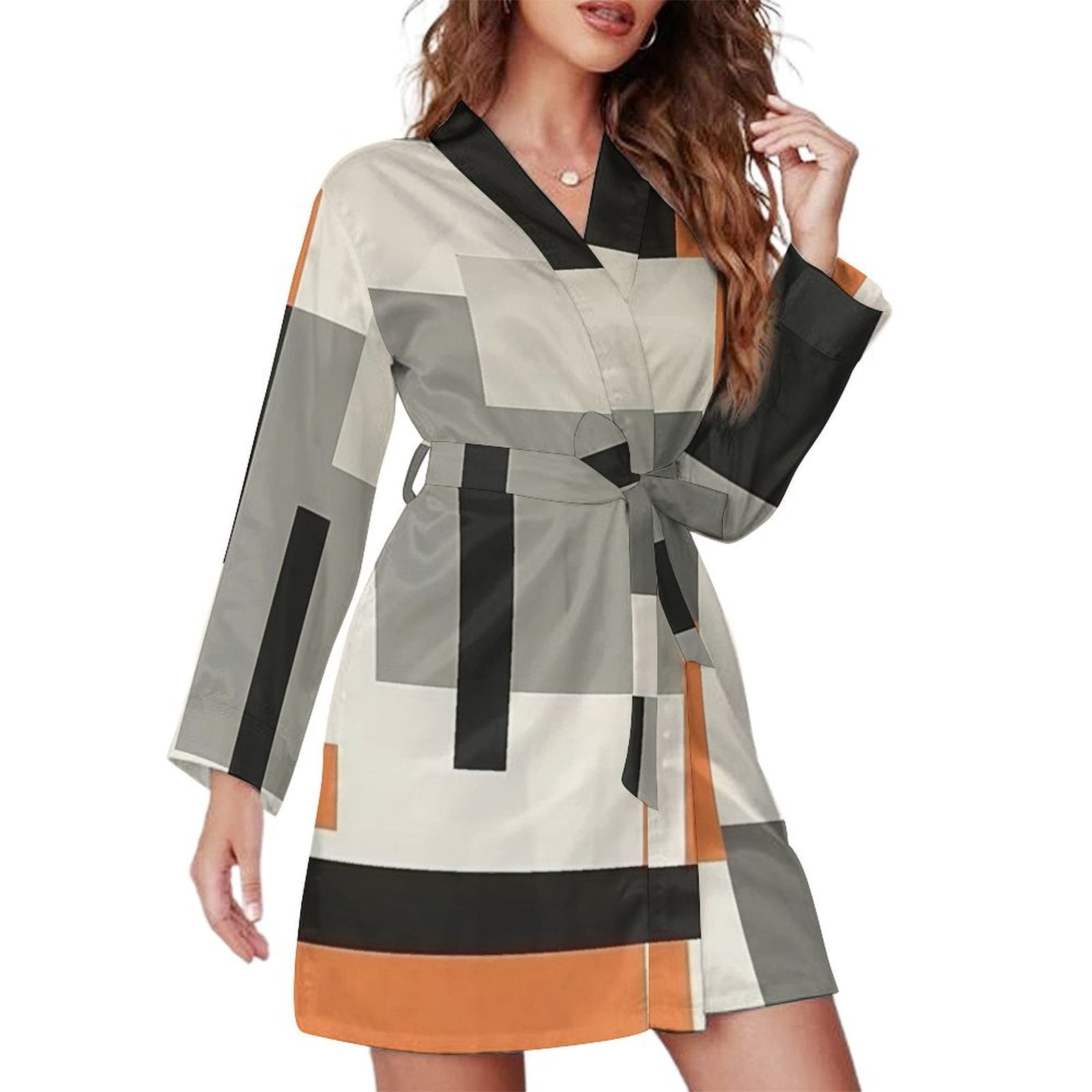 Abstract Geometric Art Ogange Black Grey Night Robe Long Sleeve V Neck ...