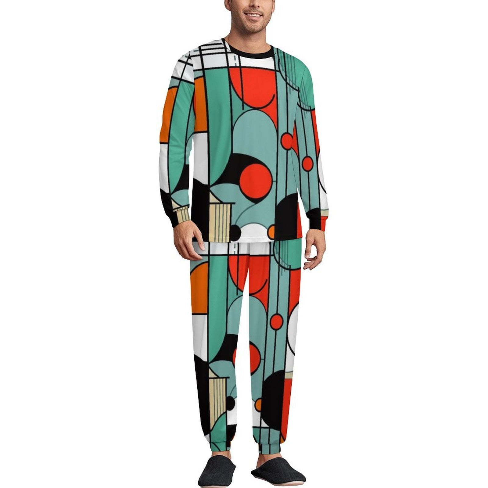 Abstract Geometric Art Pajamas Men Home Suit Winter Long Sleeve 2 Piece ...