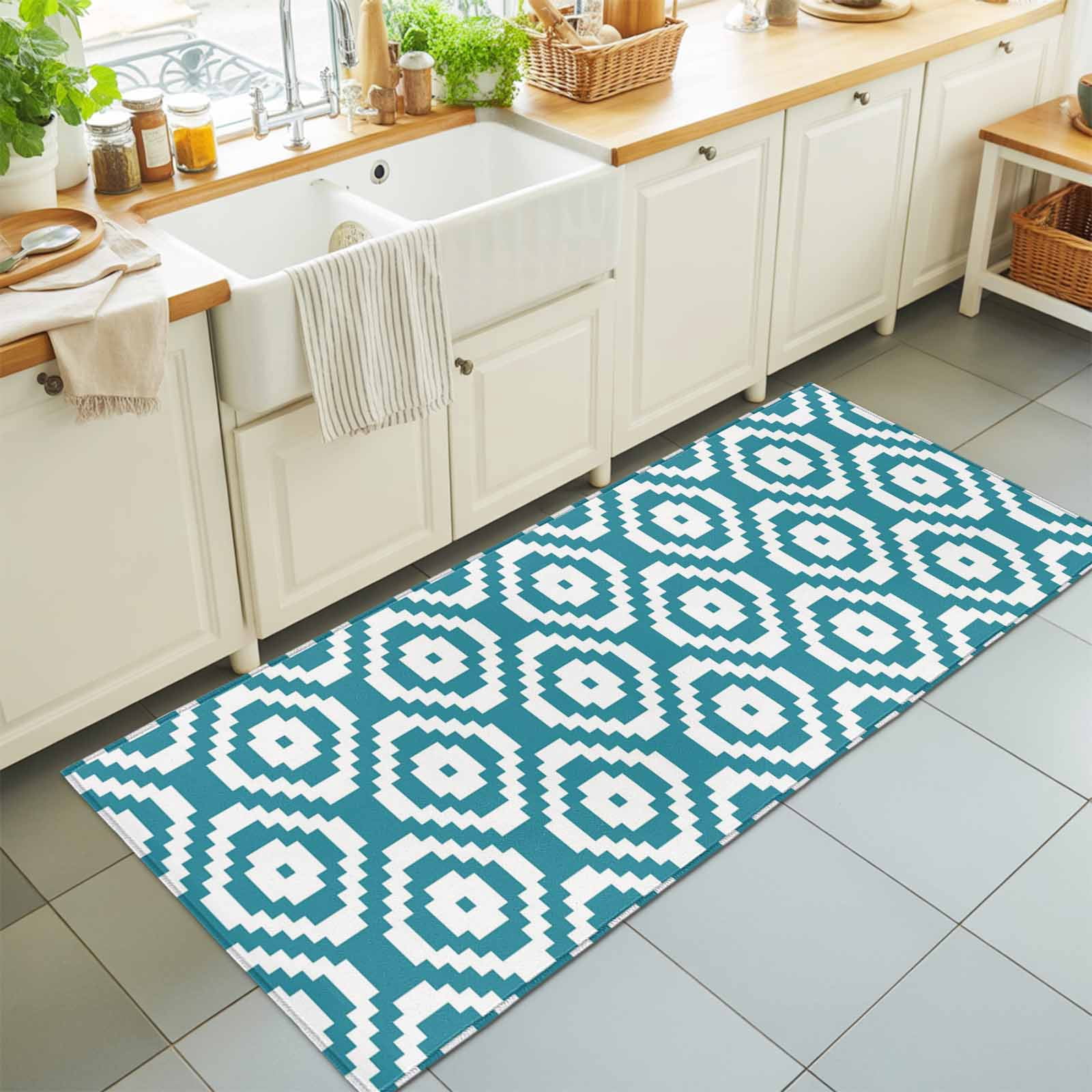 Abstract Geometric Art Teal White Rectangle Rug 2'x6' Square Modern ...