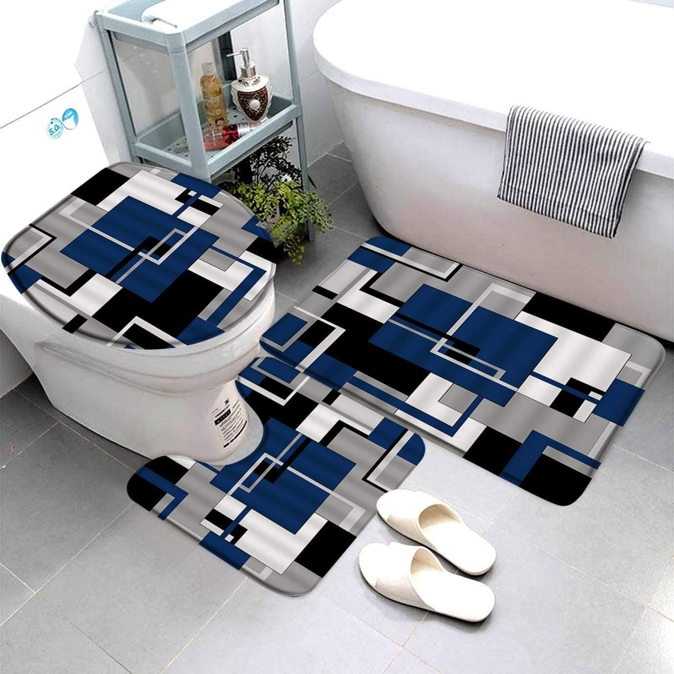 Abstract Geometric Bath Mat 3 Piece Set Bathroom Rug Blue Gray Black ...