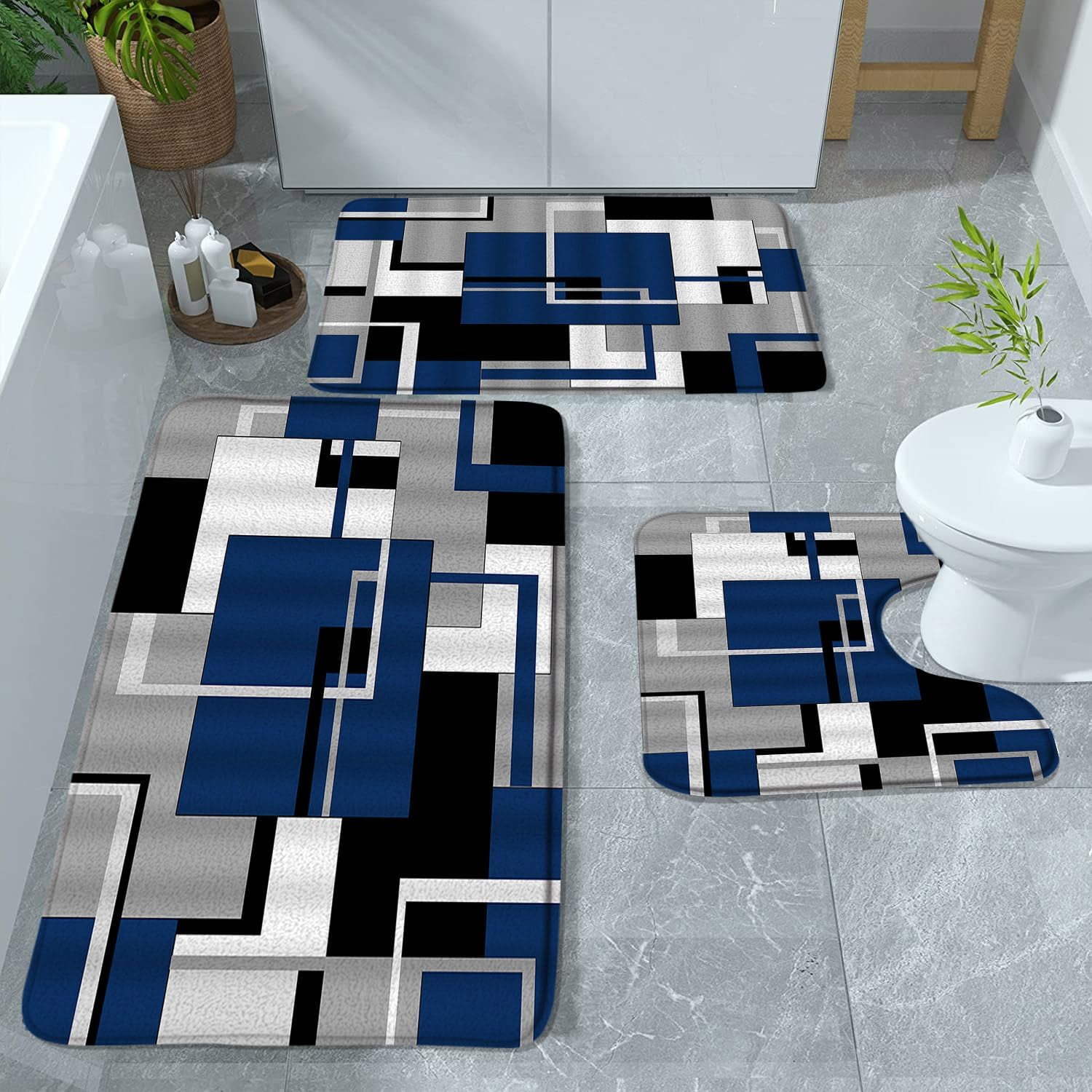 Abstract Geometric Bath Mat 3 Piece Set Bathroom Rug Blue Gray Black ...