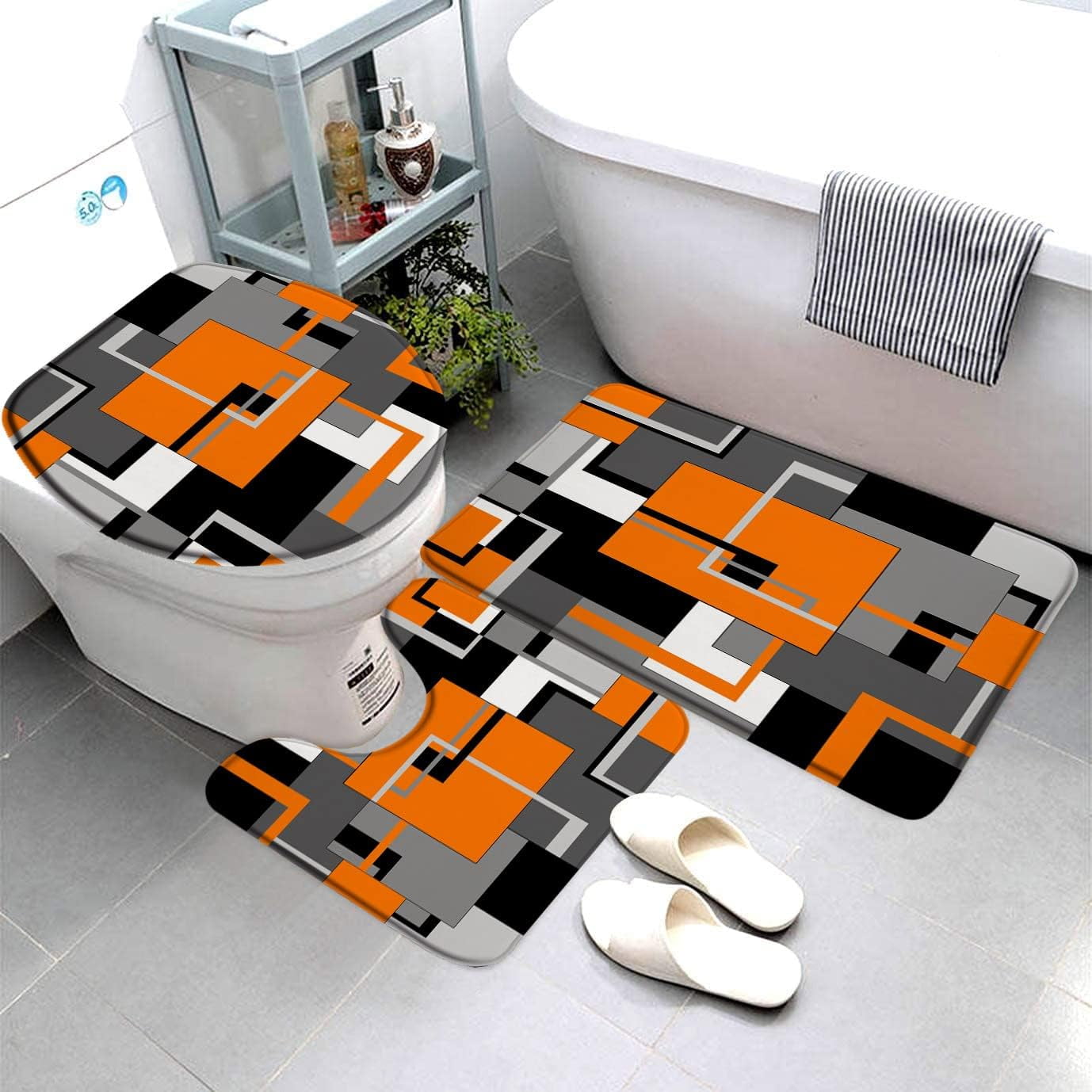 Abstract Geometric Bath Mat 3 Piece Set Bathroom Rug Orange Gray Black ...