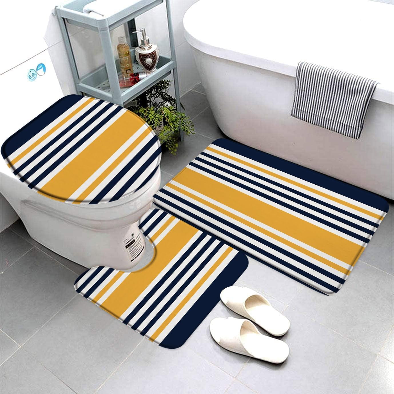 Abstract Geometric Bath Mat 3 Piece Set Bathroom Rug Orange Yellow ...