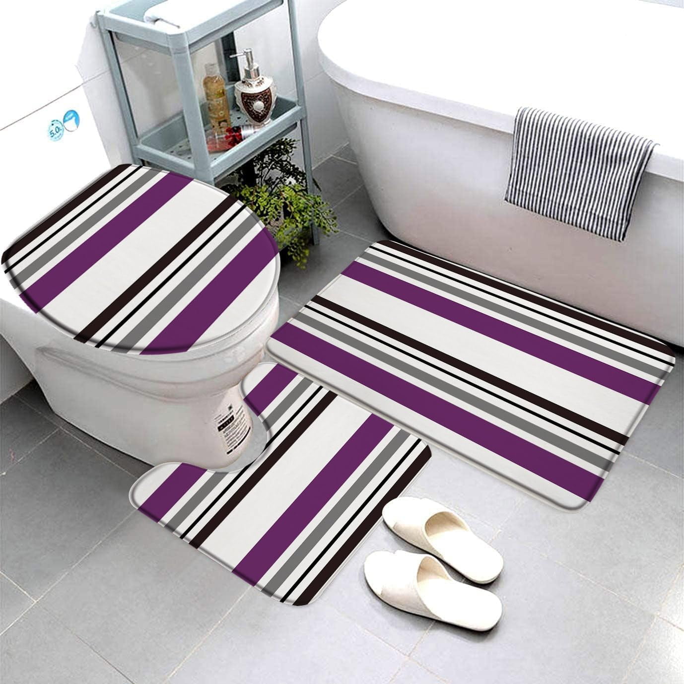 Abstract Geometric Bath Mat 3 Piece Set Bathroom Rug Purple Gray Black ...
