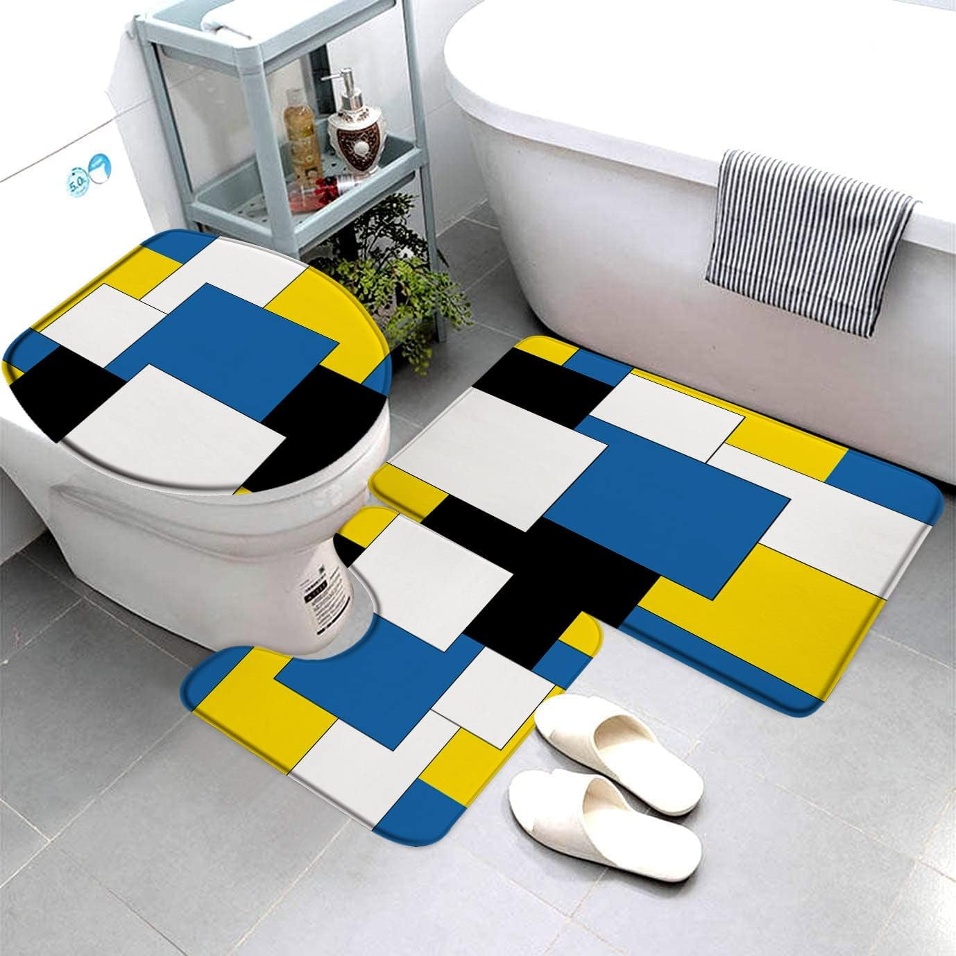 Abstract Geometric Bath Mat 3 Piece Set Bathroom Rug Yellow Blue Black ...