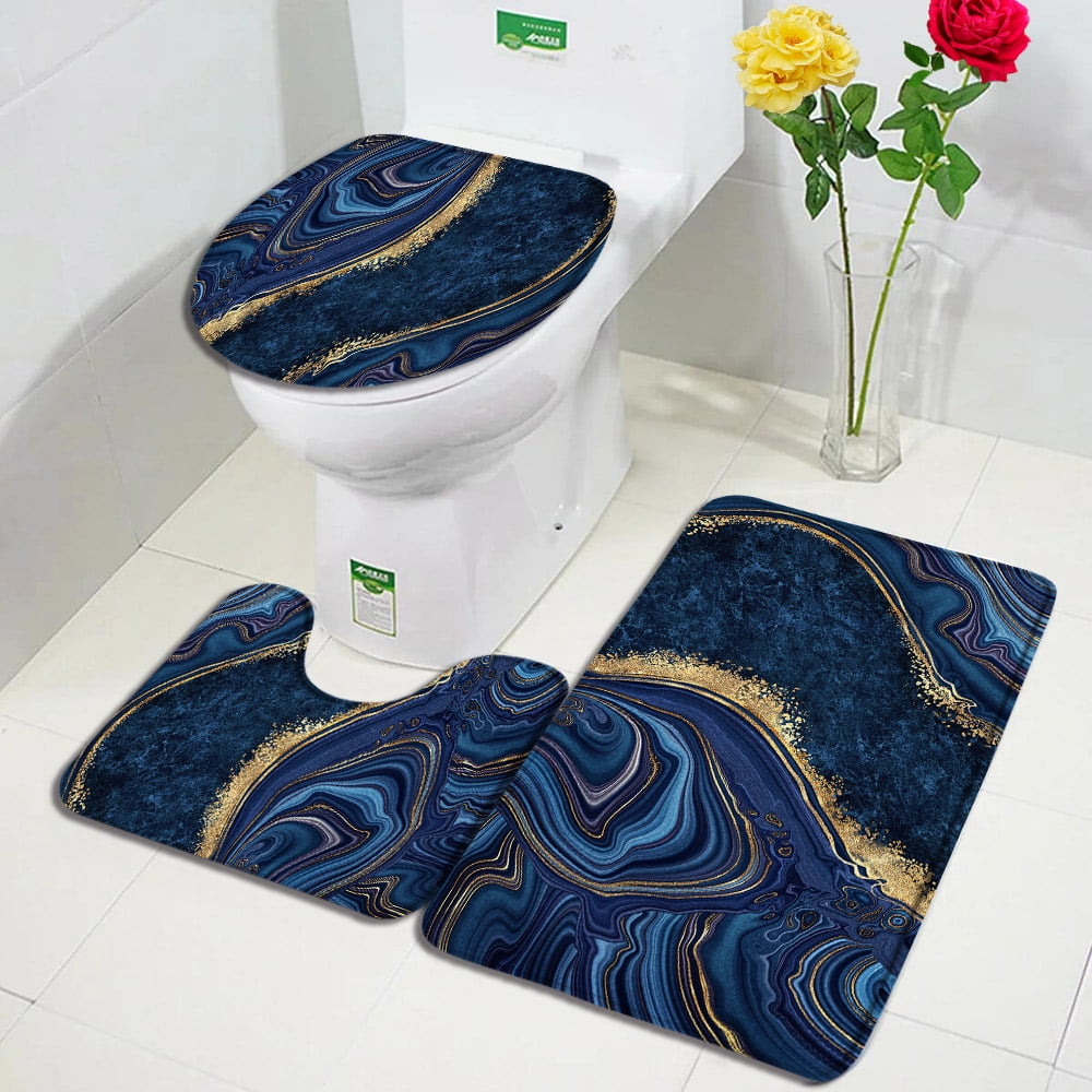 Abstract Geometric Bath Mat Set Blue Green Brown Creative Wave Pattern ...