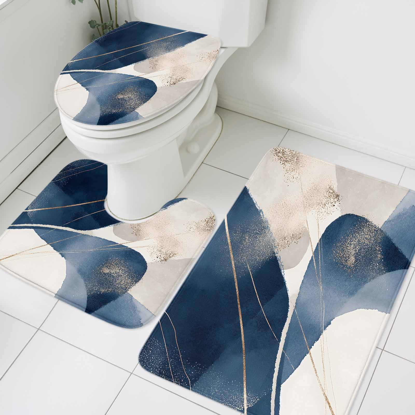 Abstract Geometric Bathroom Rugs Set Beige Blue Dynamic Texture Non ...
